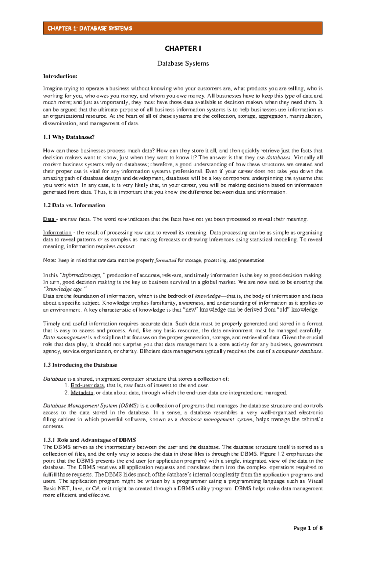Chapter I-Introduction to Databases - CHAPTER I Database Systems ...