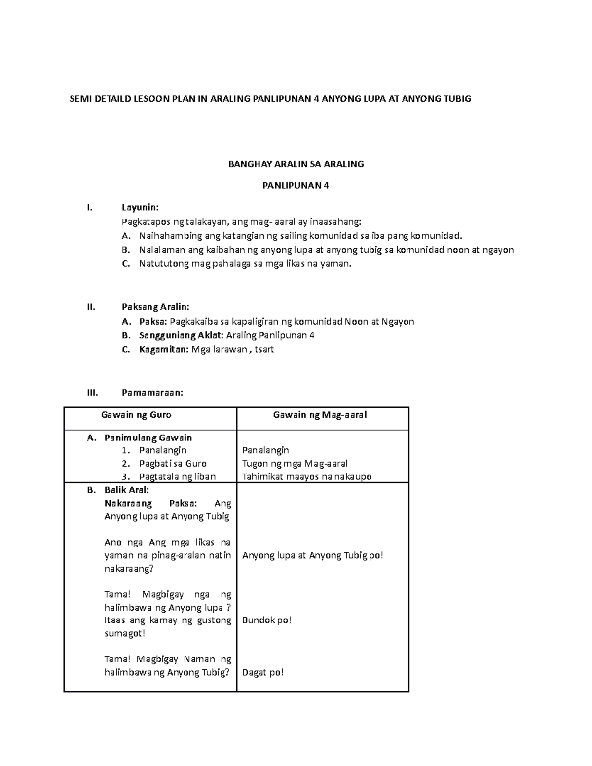 SEMI Detailed Lesson PLAN A - SEMI DETAILD LESOON PLAN IN ARALING ...