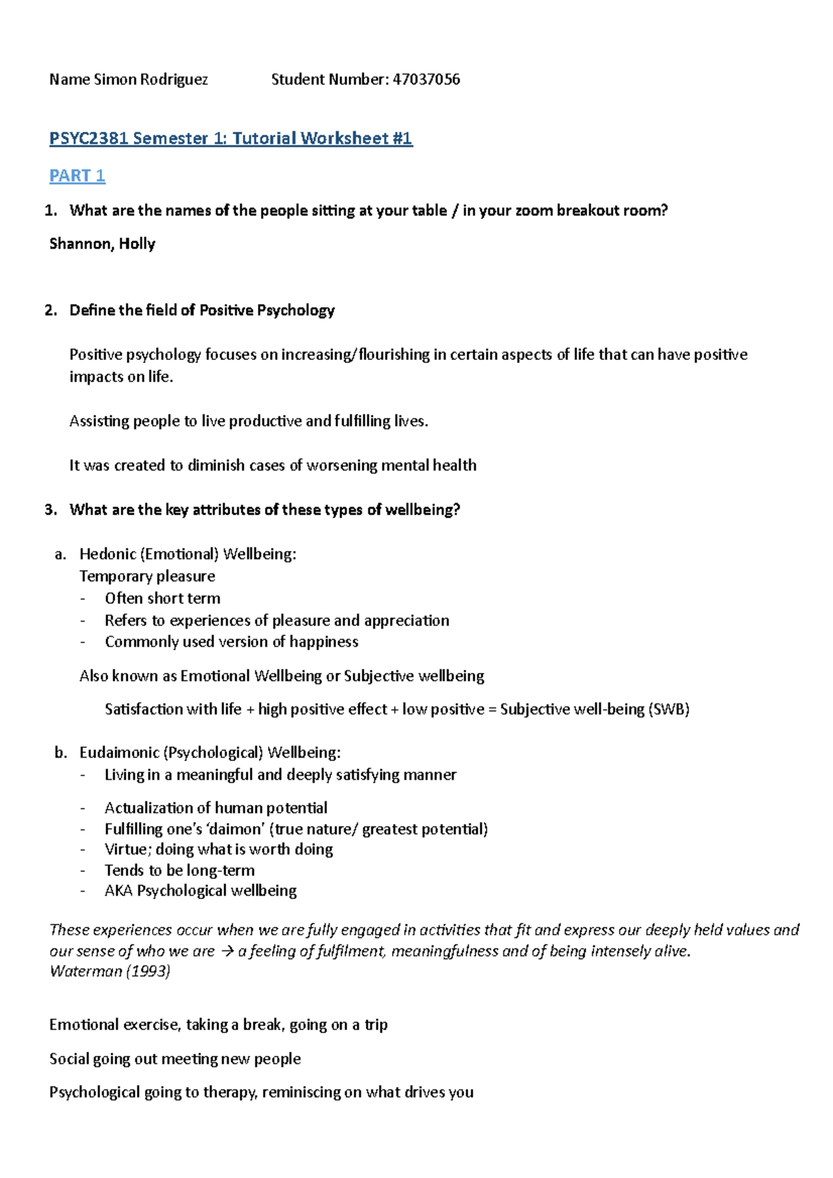 Tutorial Worksheet (Week 2)- wellbeing- 2022 - Name Simon Rodriguez ...