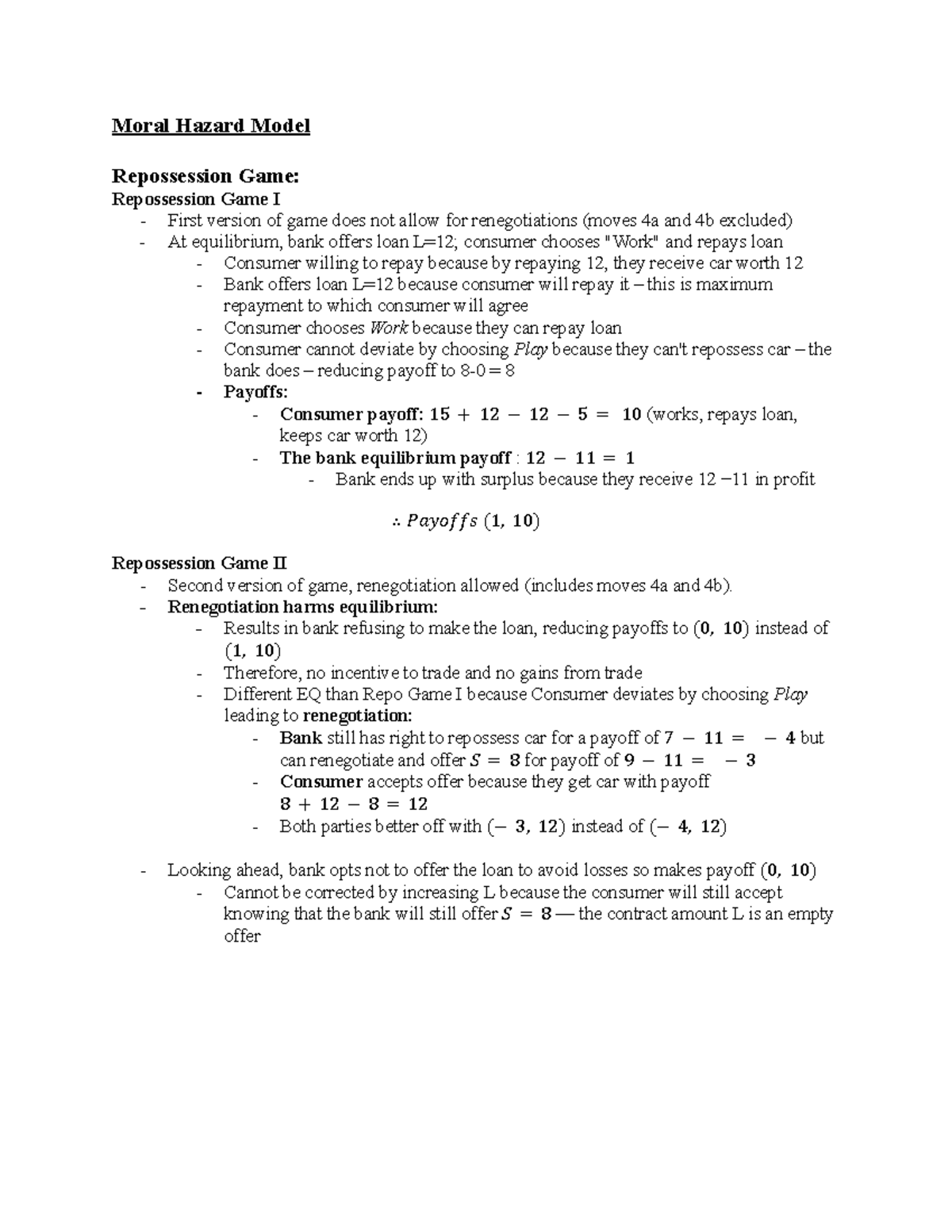 319 Test 3 Notes - Moral Hazard Model Repossession Game: Repossession ...