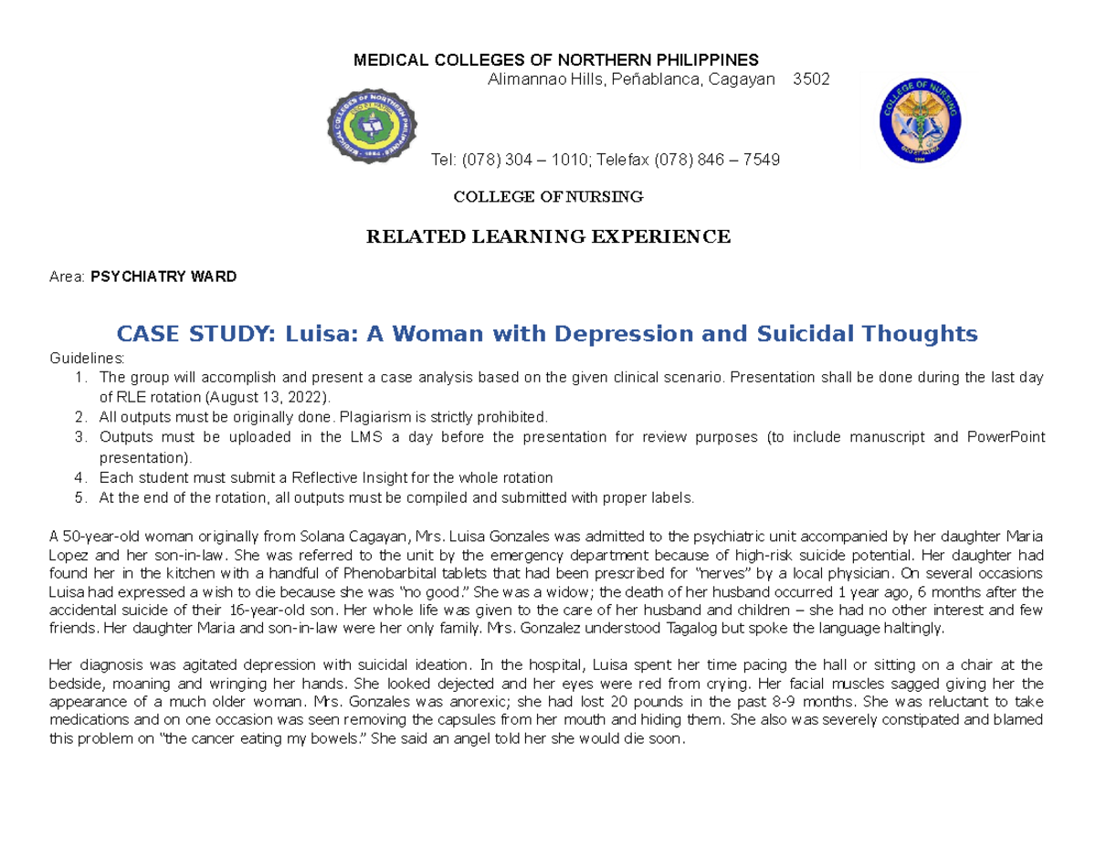 Depression - The group will accomplish and present a case analysis ...