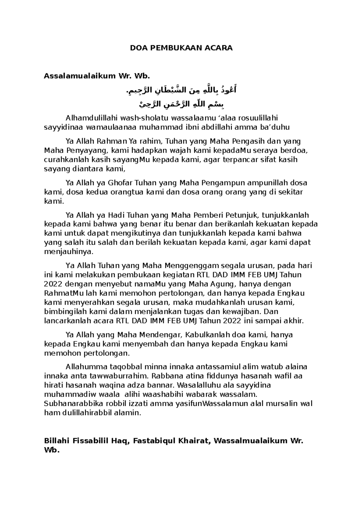 Doa Pembukaan Acara Doa Pembukaan Acara Assalamualaikum Wr Wb أَعُوذ ُ بِاللَه ِ مِن َ الشَ