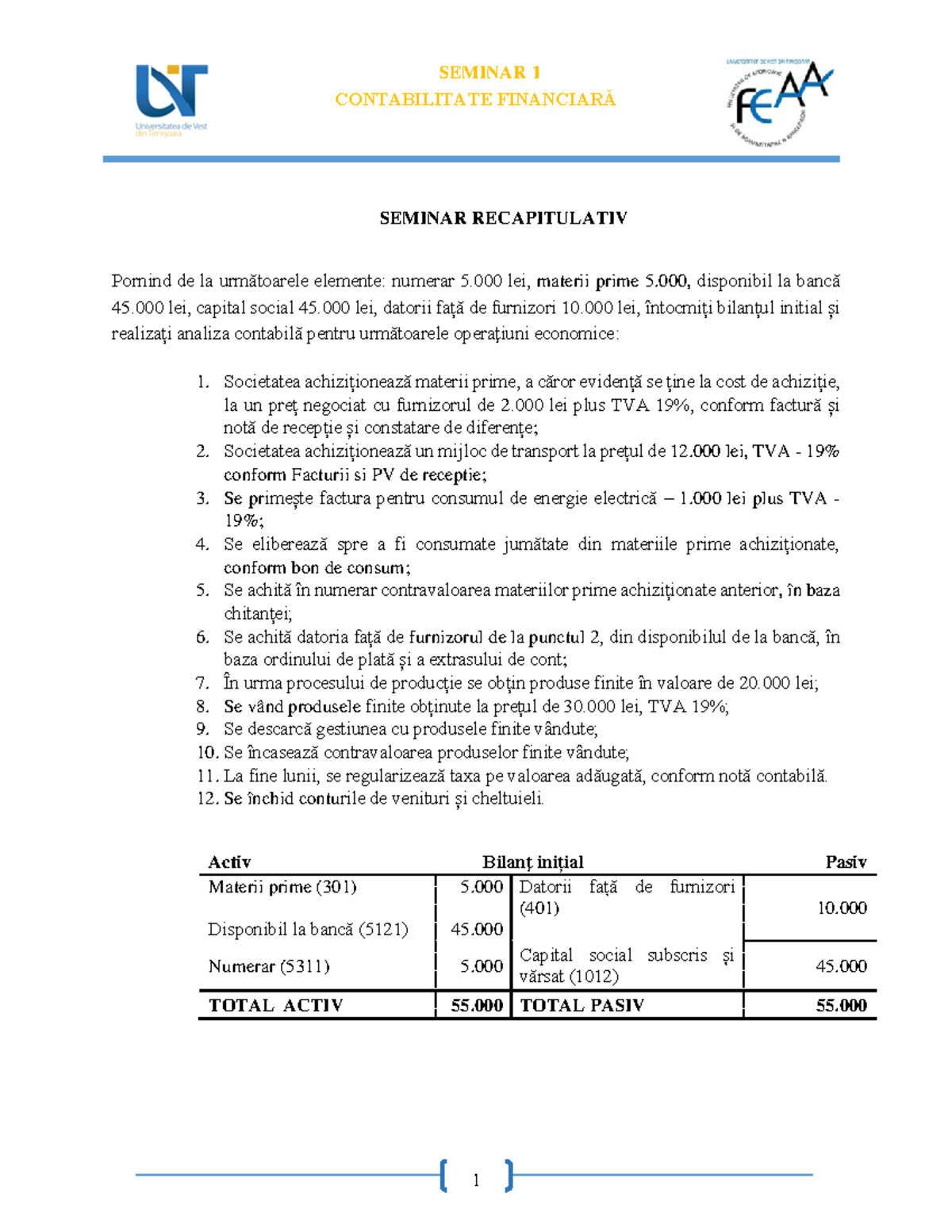 Seminarul unu la contabilitate financiara din anul 1 - UVT - Studocu
