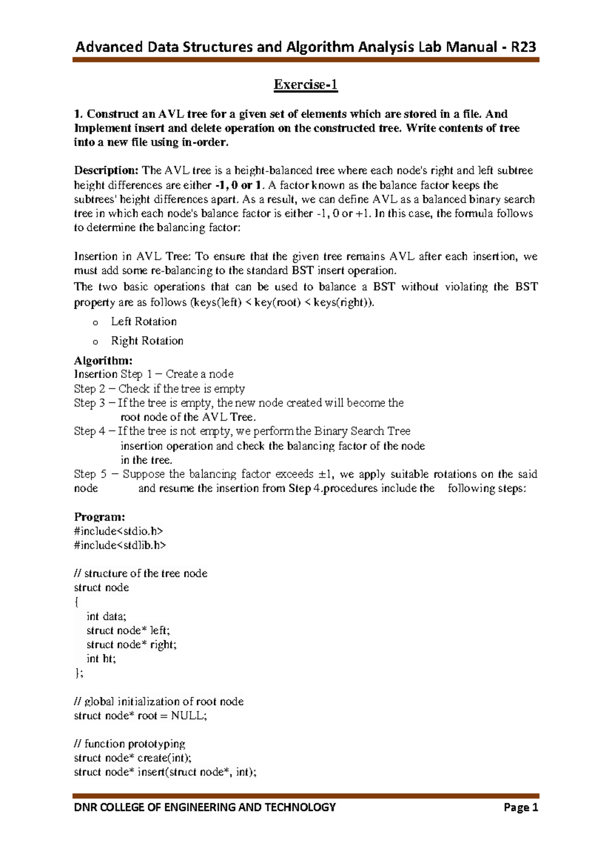 ADS LAB Manual - Exercise- 1 Construct an AVL tree for a given set of elements which are stored ...