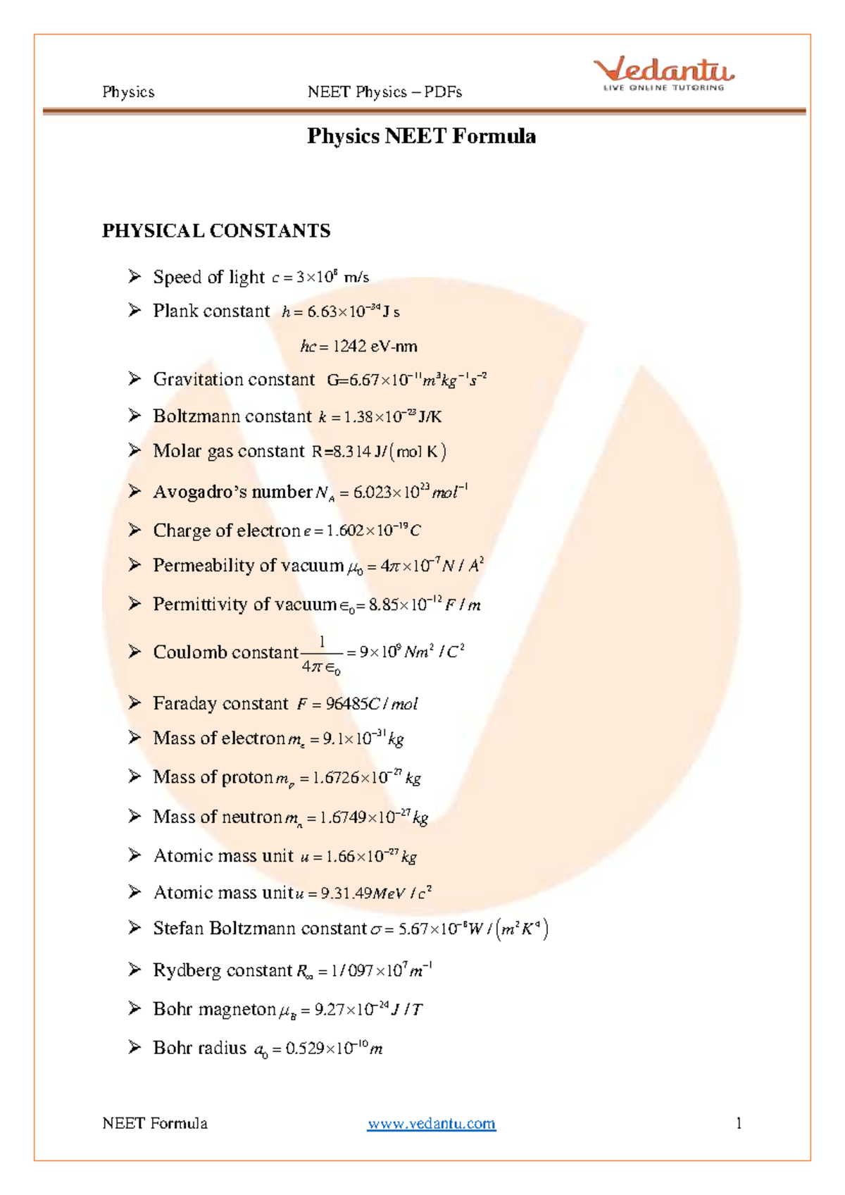 Neet-physics-formulas - Physics NEET Formula PHYSICAL CONSTANTS Speed ...