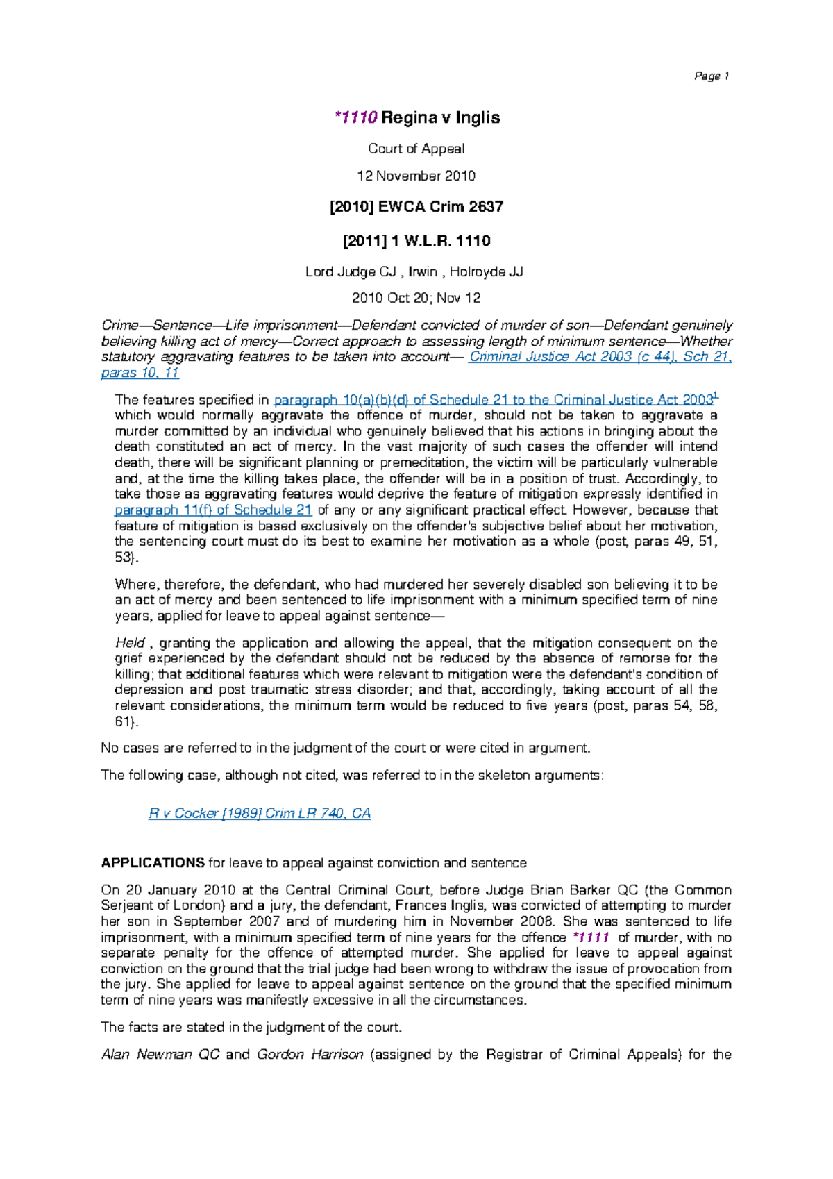 R v Inglis - Full case - *1110 Regina v Inglis Court of Appeal 12 ...