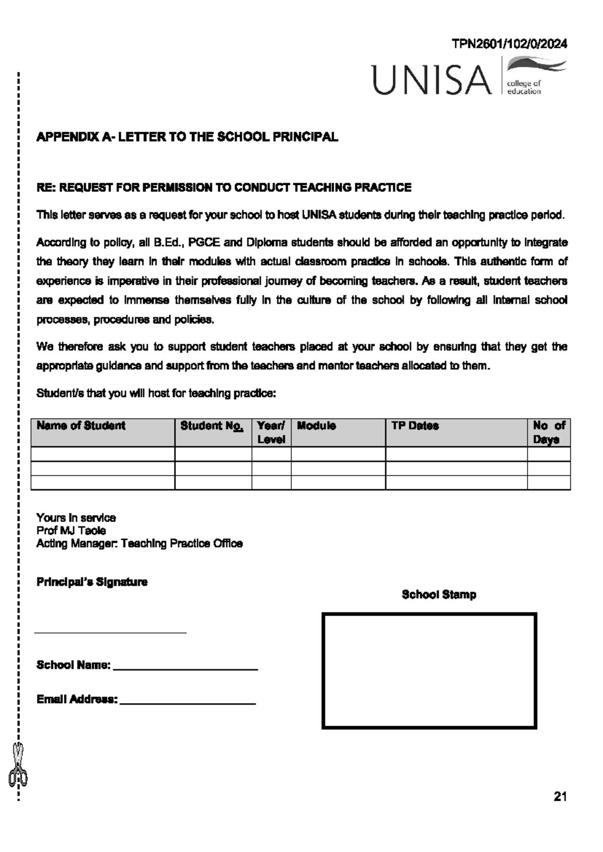 Principal - acceptance letter - TPN 2601 - Studocu
