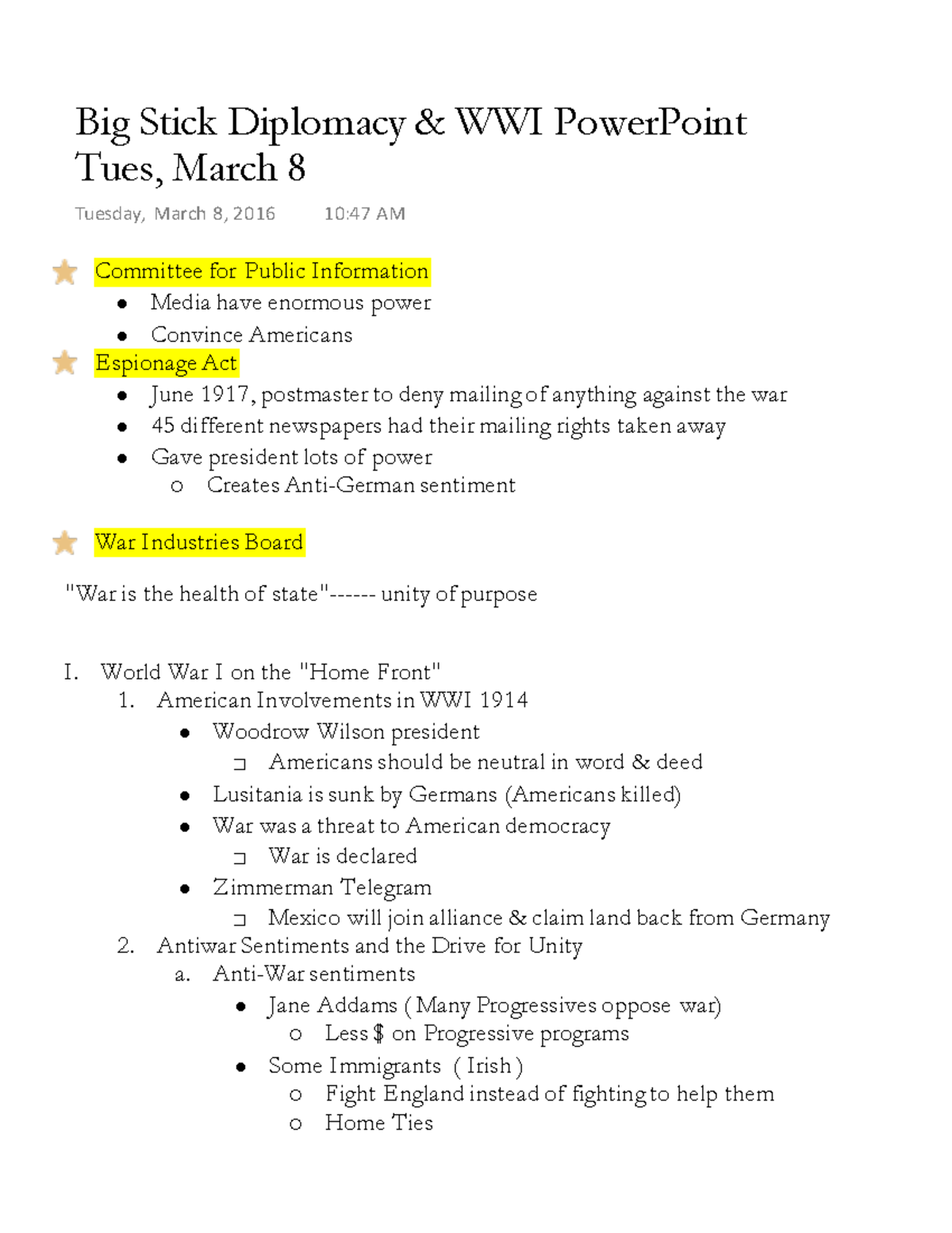 Big Stick Diplomacy & WWI Power Point Tues, March 8 - World War I on ...