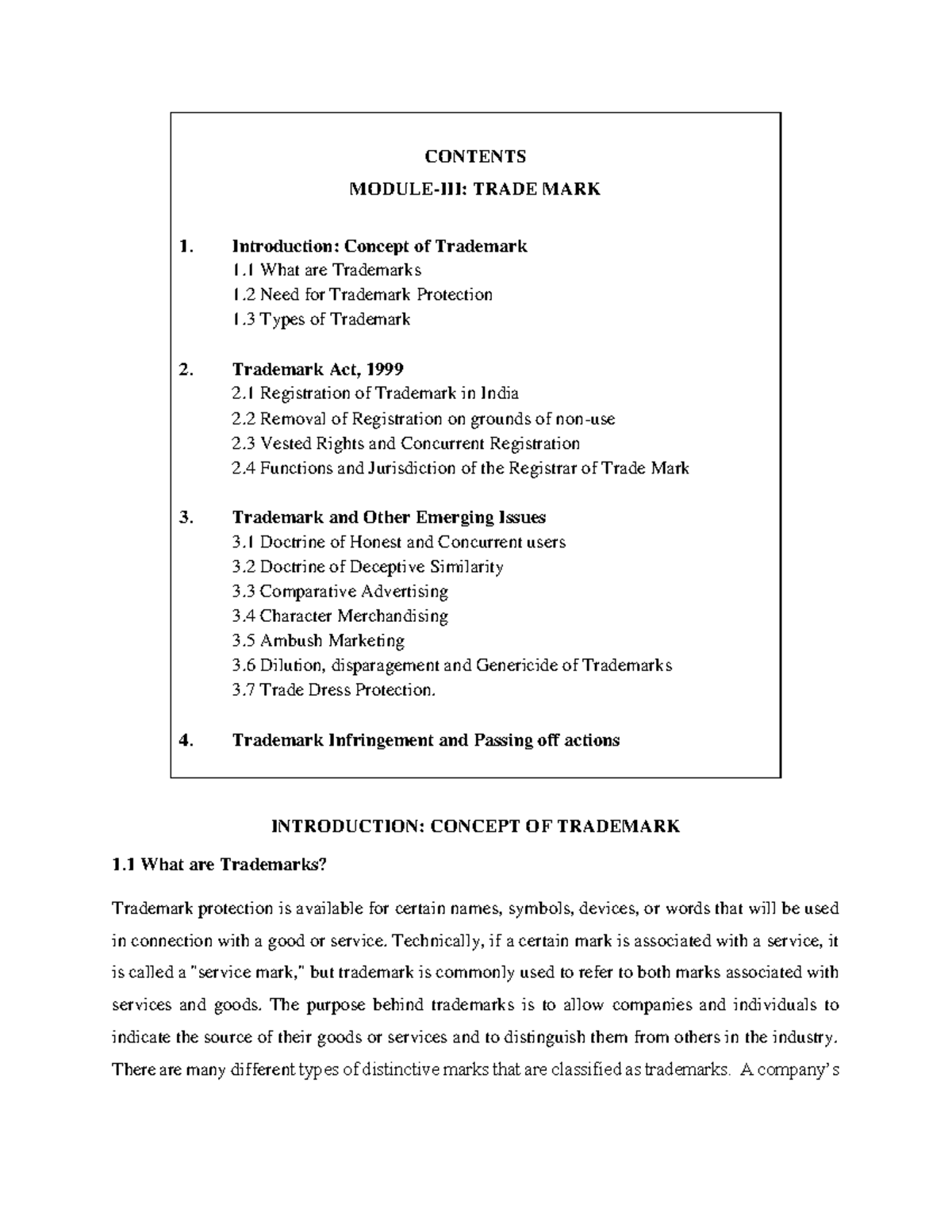IPR Module 3 - trademark notes - CONTENTS MODULE-III: TRADE MARK ...