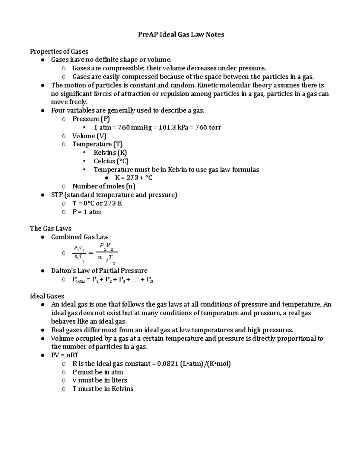Ideal Gas Law Notes - PreAP Ideal Gas Law Notes Properties of Gases ...
