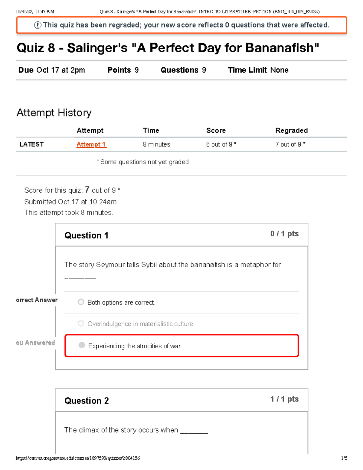 Quiz 8 - Salinger's A Perfect Day for Bananafish Intro TO Literature ...