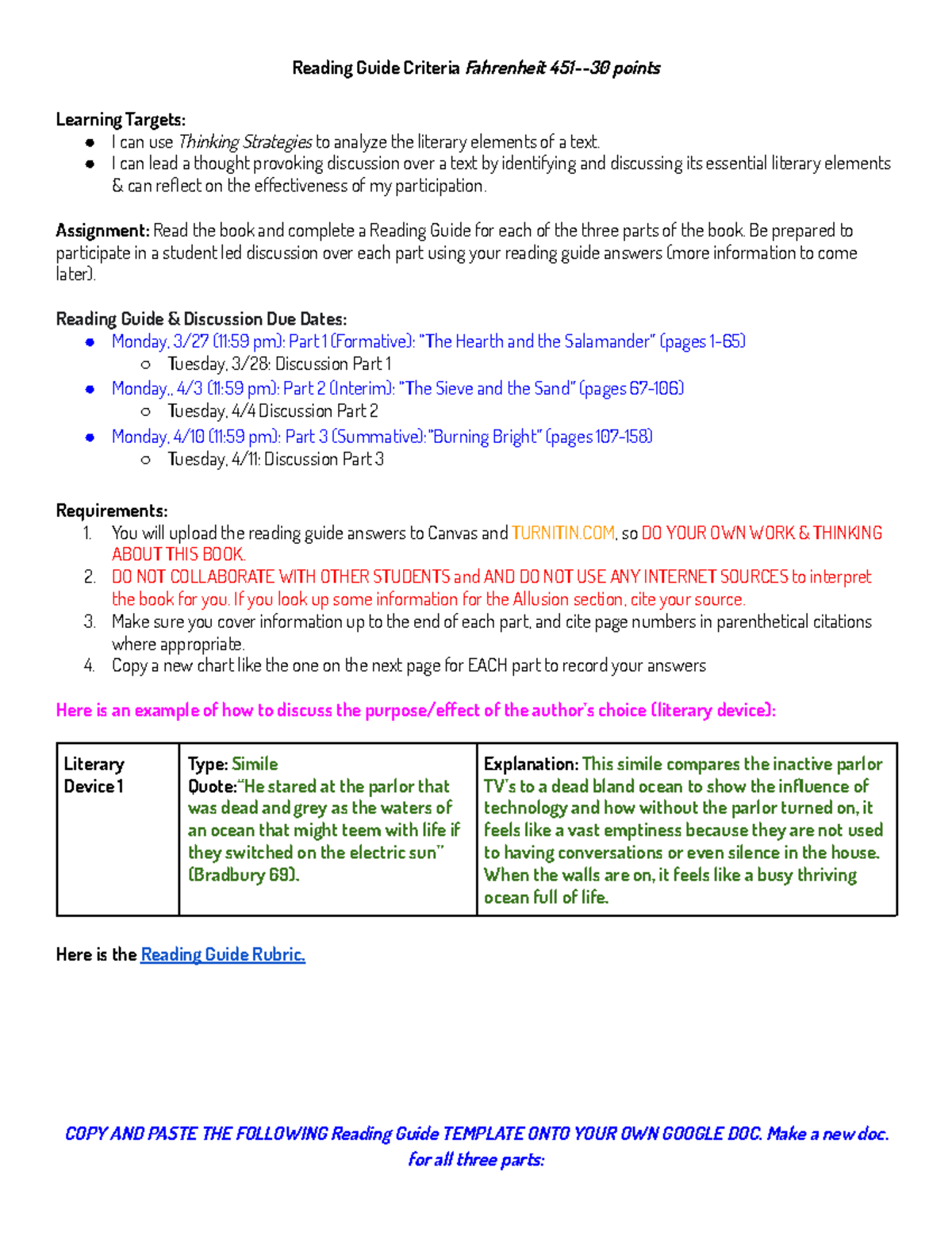 F451 Part 1- Reading Guide Criteria Fahrenheit 451 - Studocu
