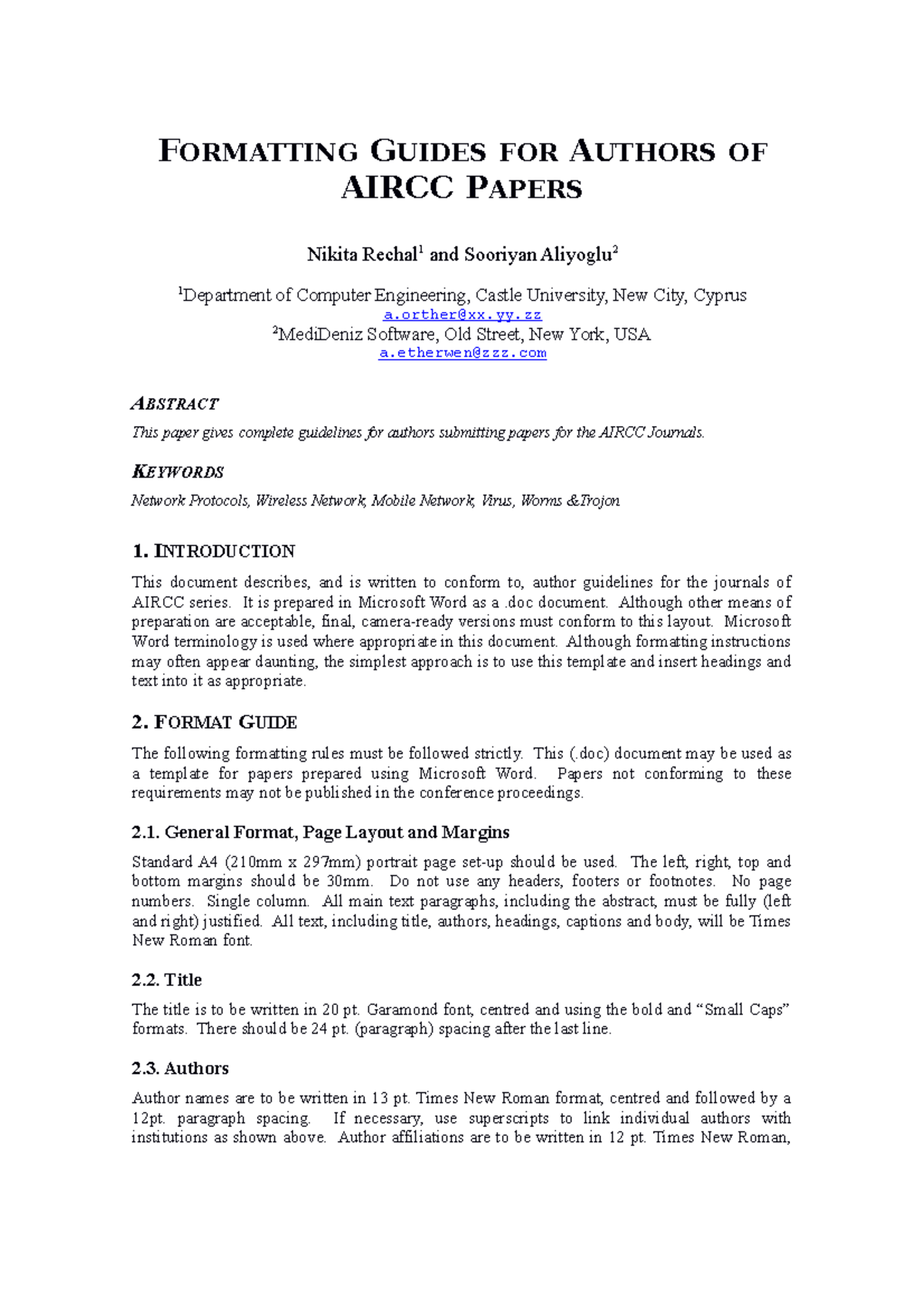 Aircc template - FORMATTING GUIDES FOR AUTHORS OF AIRCC PAPERS Nikita Rechal 1 and Sooriyan ...