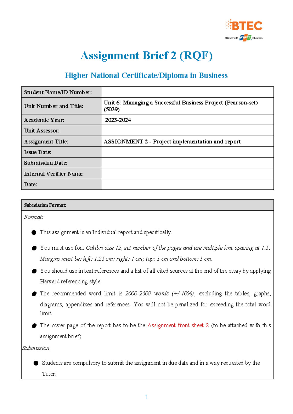 Unit-6 5039 guideline-QTDA-ASM2 - Assignment Brief 2 (RQF) Higher National Certificate/Diploma ...
