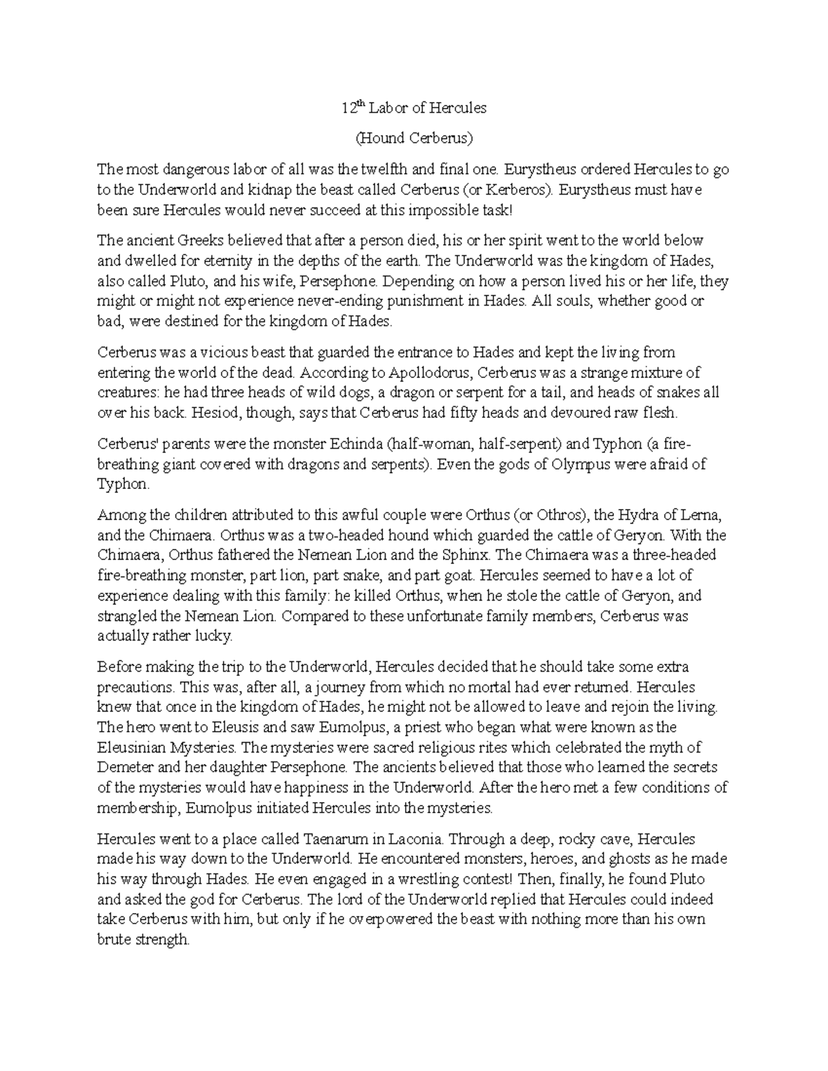 12th Labor of Hercules - Greek Myth - 12 th Labor of Hercules (Hound ...