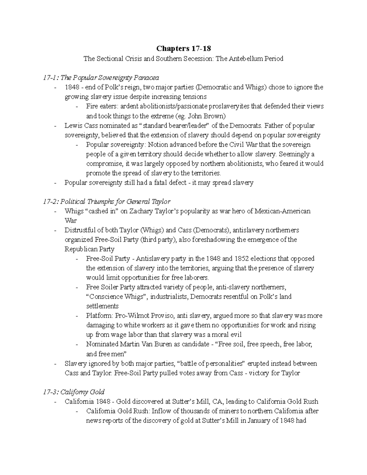 Chapter 17-18 Textbook Notes - Chapters 17- The Sectional Crisis and ...