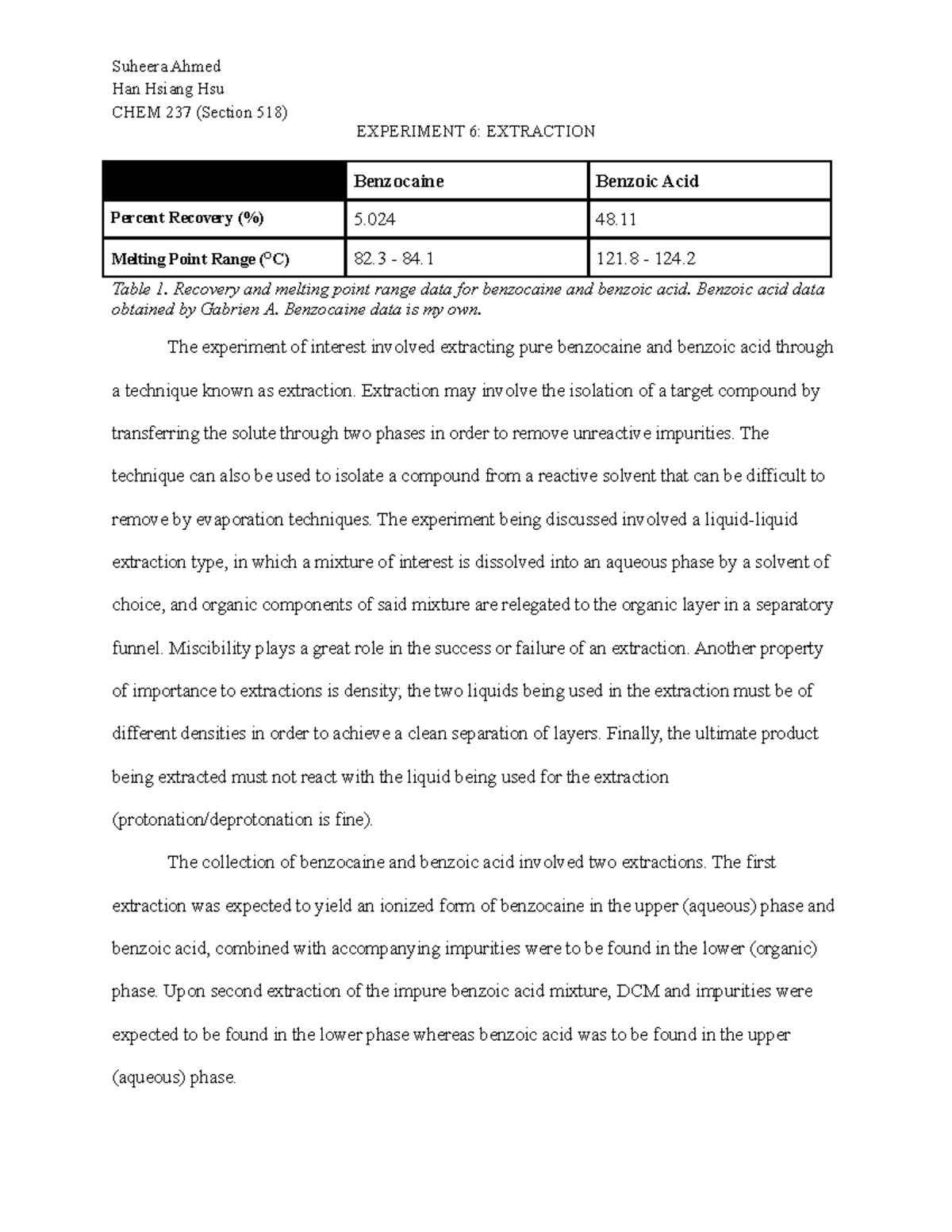 Experiment 6: Extraction - Suheera Ahmed Han Hsiang Hsu CHEM 237 ...