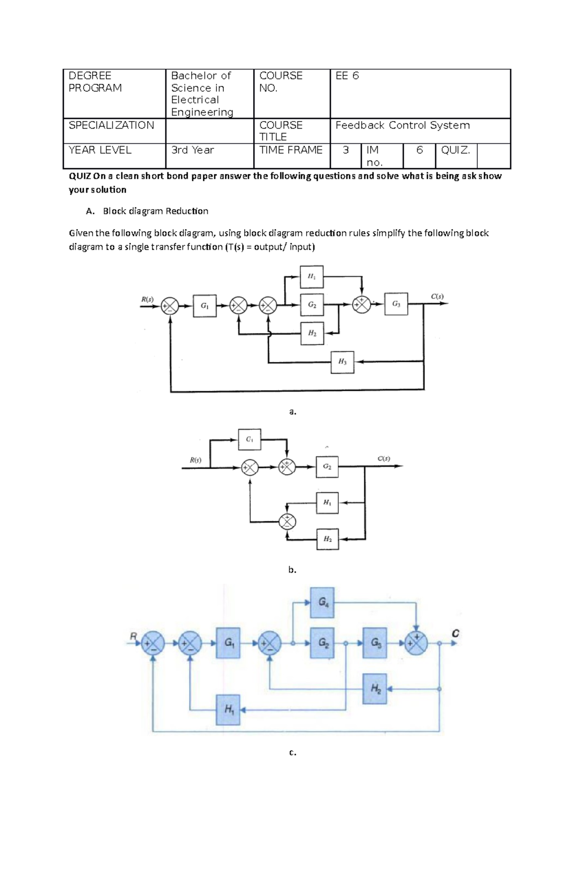 LONG QUIZ - Activities and Assignment on the Subject Feedback Control ...