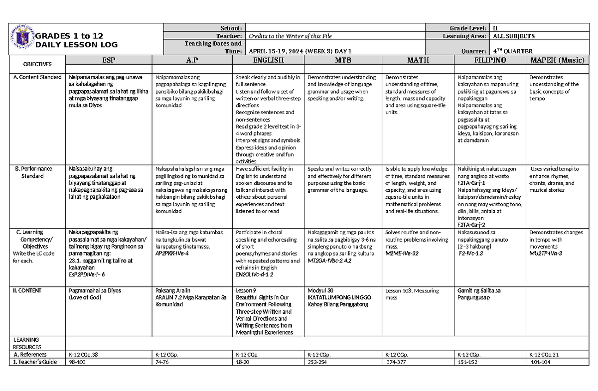 DLL ALL Subjects 2 Q4 W3 D1 - GRADES 1 to 12 DAILY LESSON LOG School: Grade Level: II Teacher ...