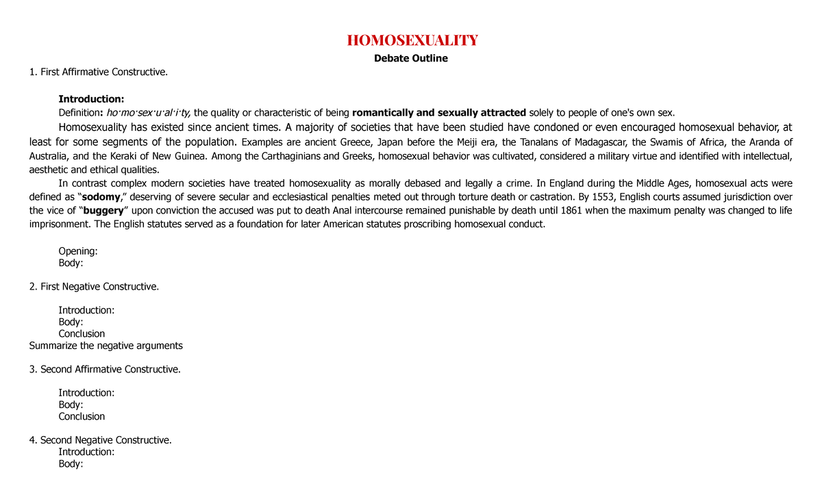 Debate Outline Homosexuality - HOMOSEXUALITY Debate Outline First ...