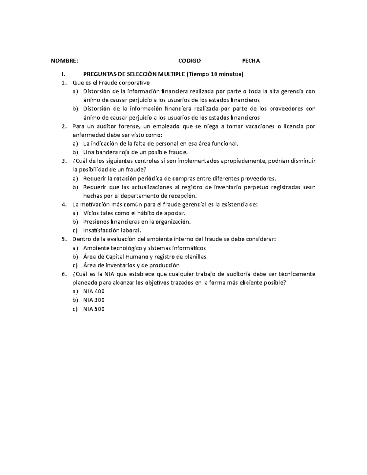 Seleccion multiple - Examen de selección múltiple - NOMBRE: CODIGO ...