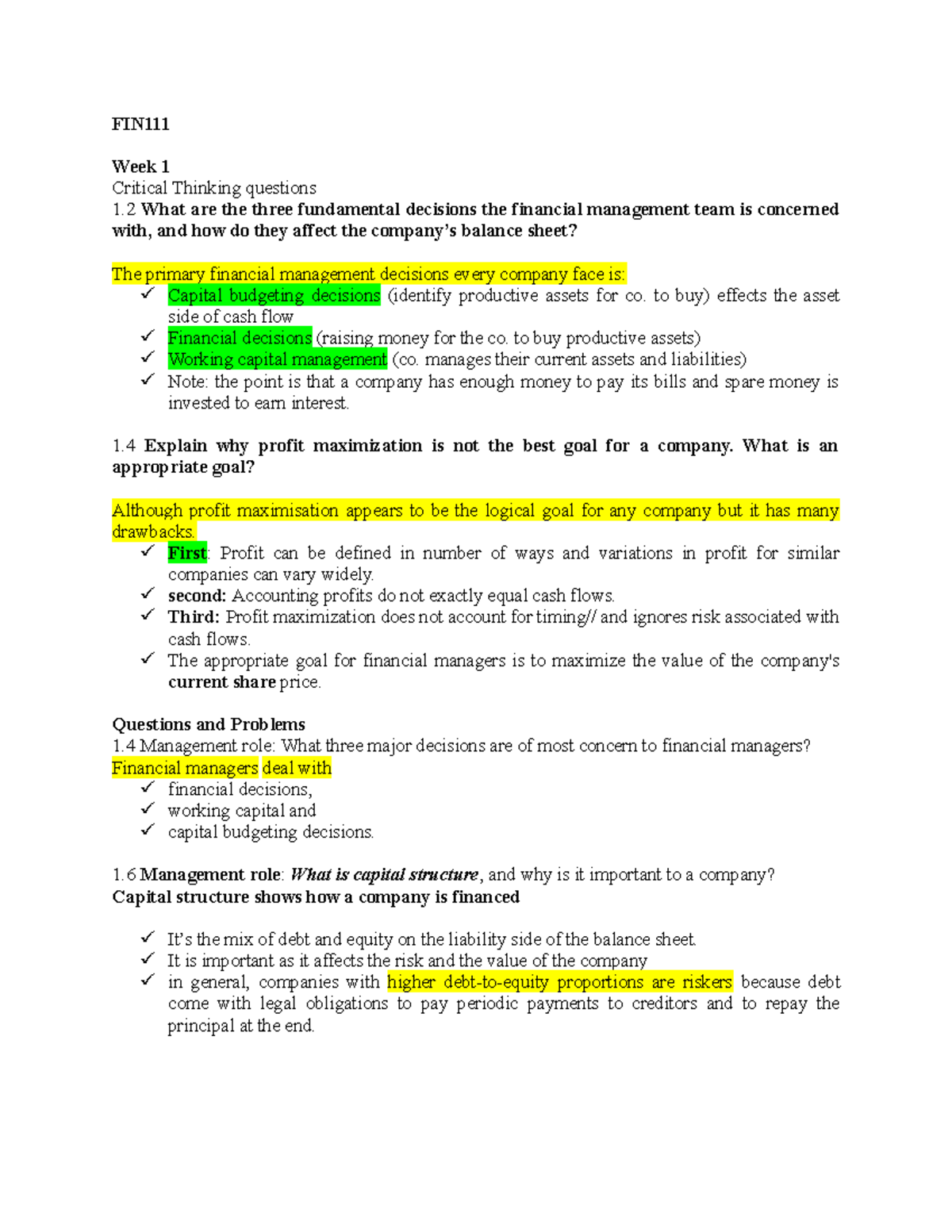 FIN111 w1 - tutorial - FIN Week 1 Critical Thinking questions 1 What ...