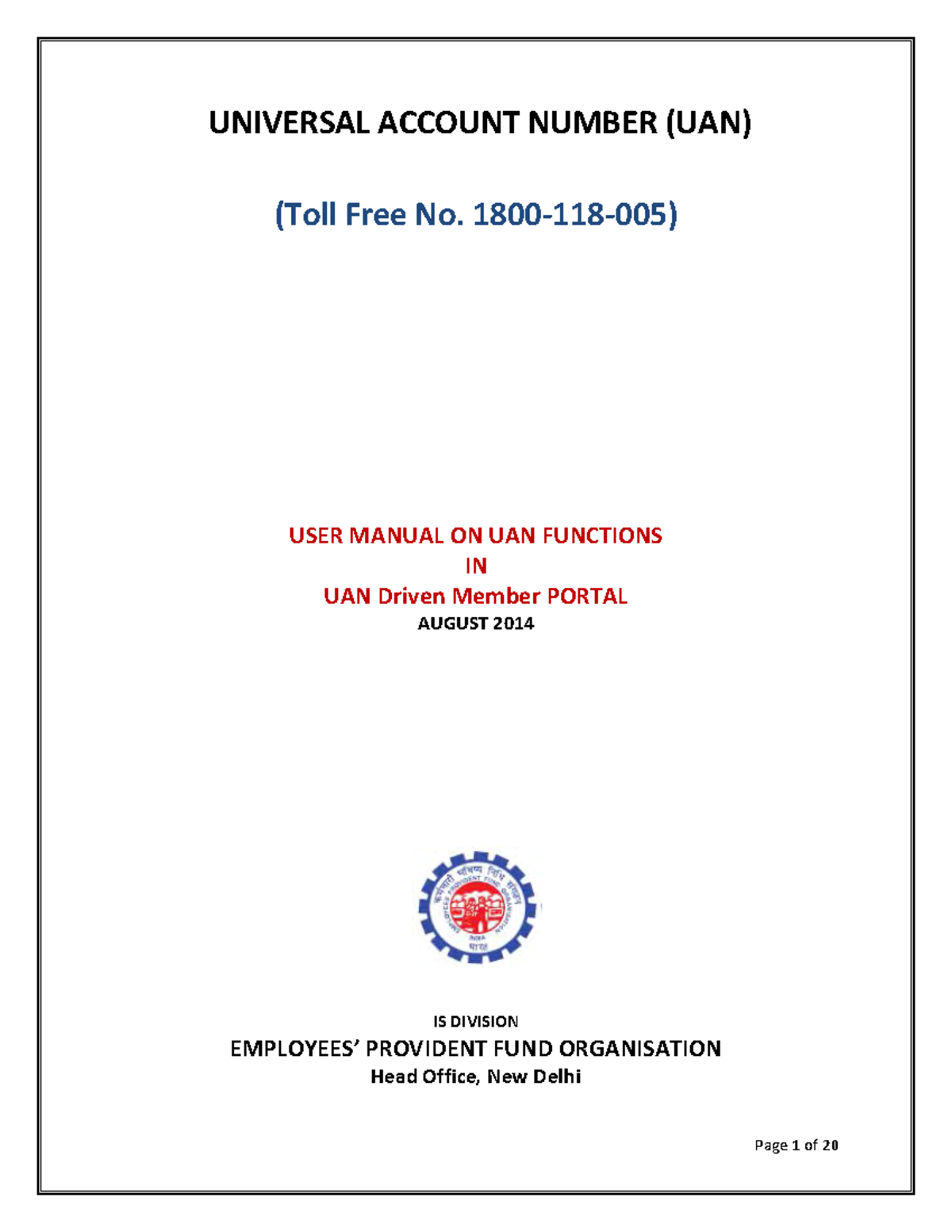 User Manual Ver1 - Project work - UNIVERSAL ACCOUNT NUMBER (UAN) (Toll ...