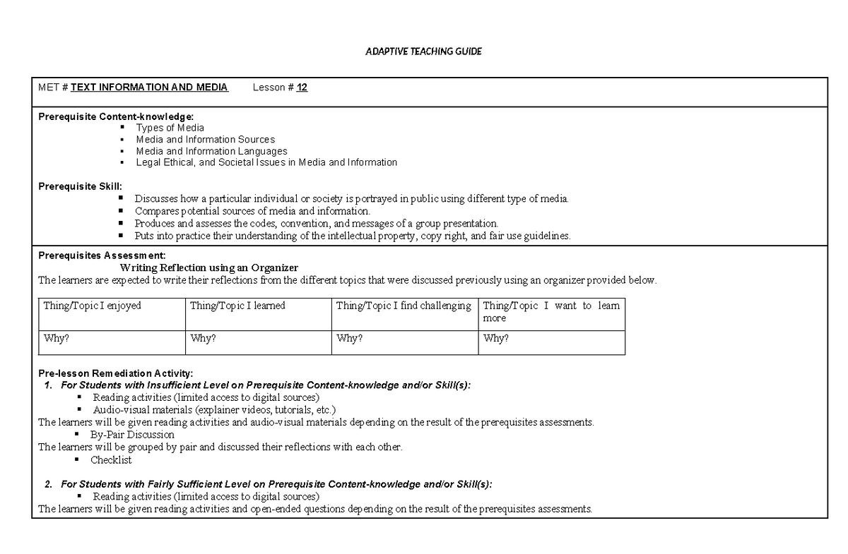 ADAPTIVE TEACHING GUIDE - Compares potential sources of media and ...