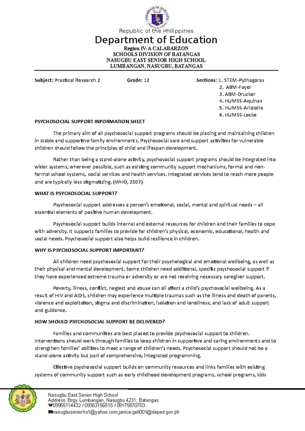 Psychosocial Support Information Sheet - Department of Education Region ...
