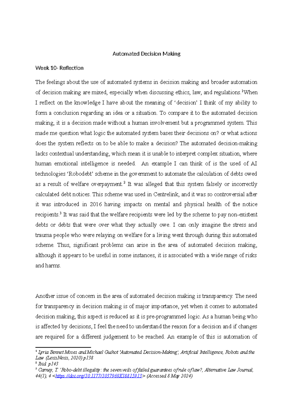 Reflection Automated Decision Making - Automated Decision Making Week 10- Reflection The ...