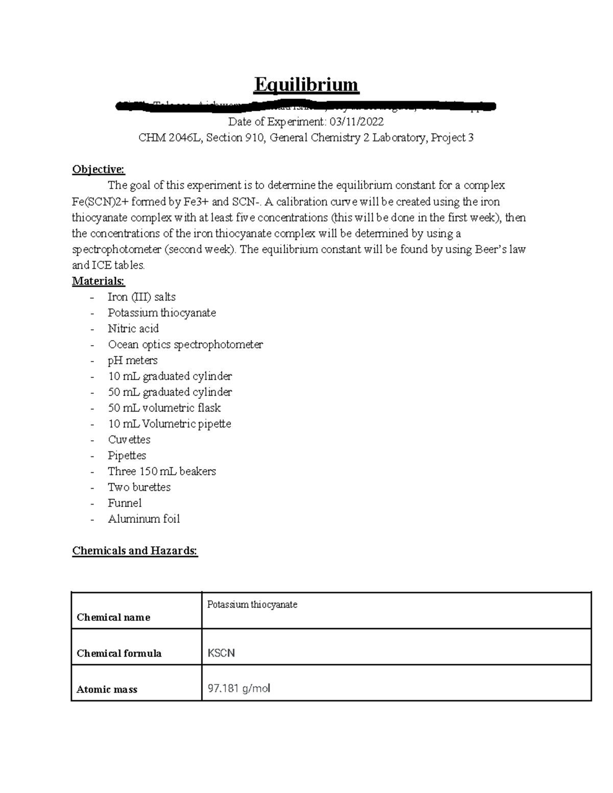 Project 3 Equilibrium Pre-Lab Part 1 - Equilibrium Nicole Talocco ...