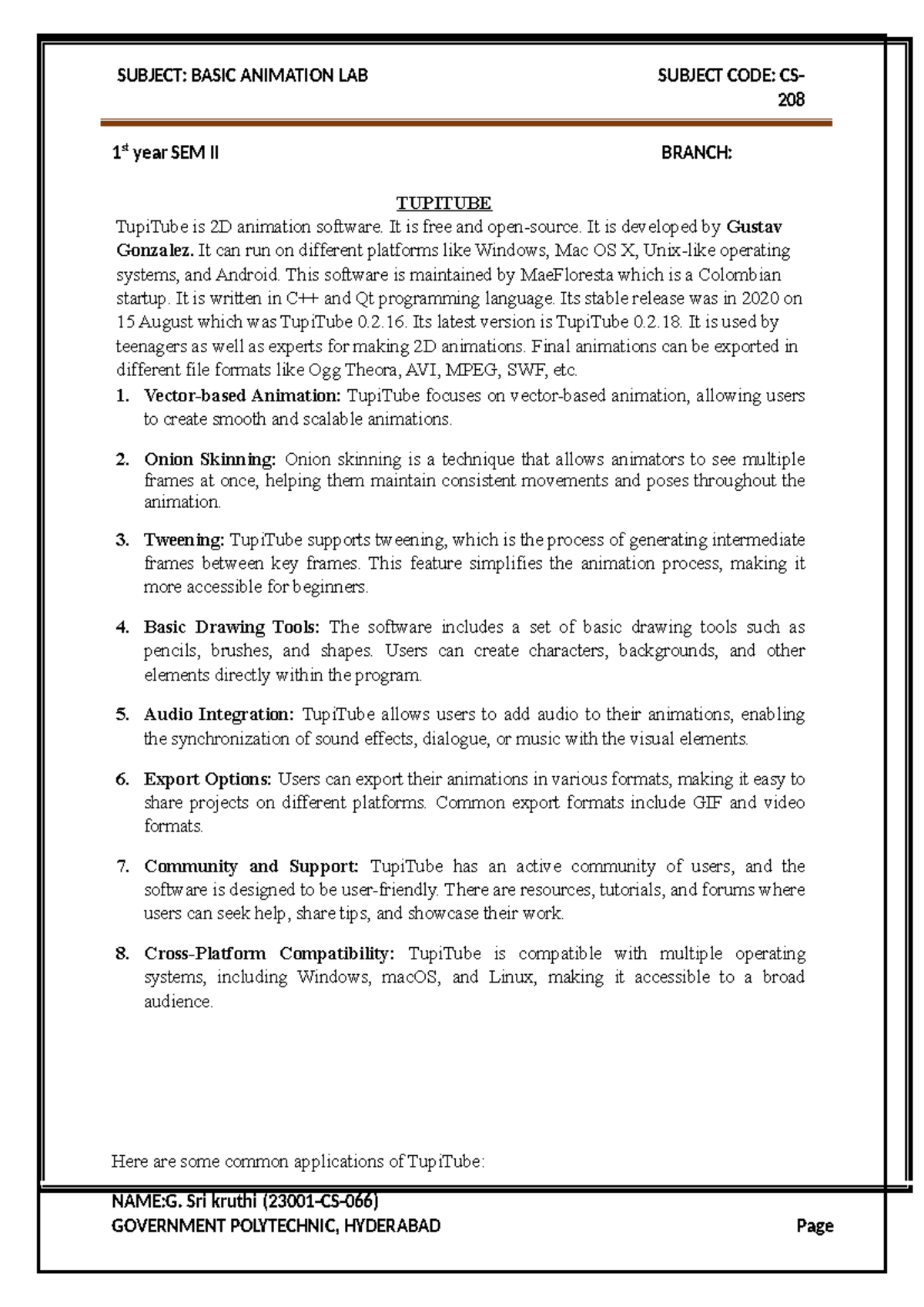 Animation Record Sk Lab Manual 208 1 St Year Sem Ii Branch