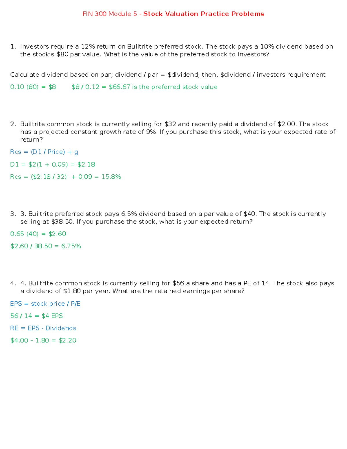 FIN 300 Module 5 - Stock Valuation Practice Problems - FIN 300 Module 5 ...