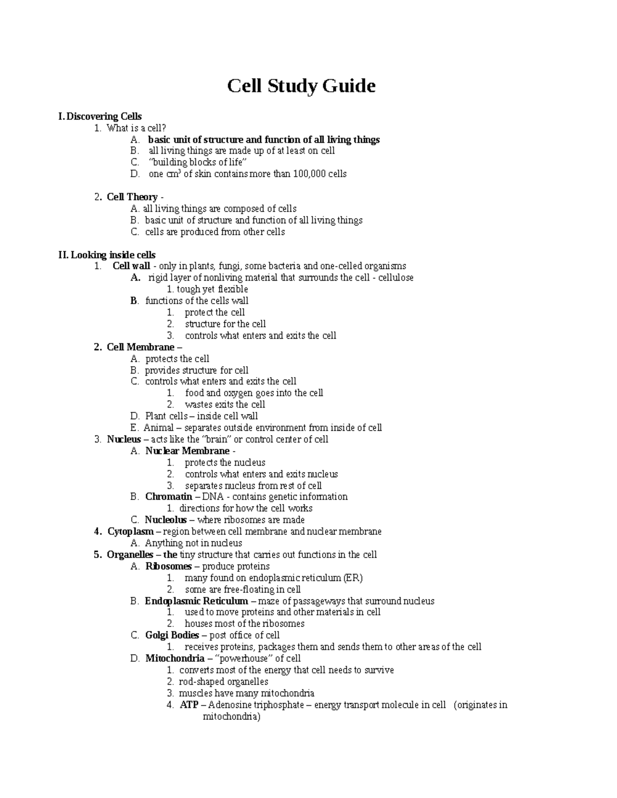 Copy of Cell Study Guide 2022 - Cell Study Guide I. Discovering Cells 1 ...