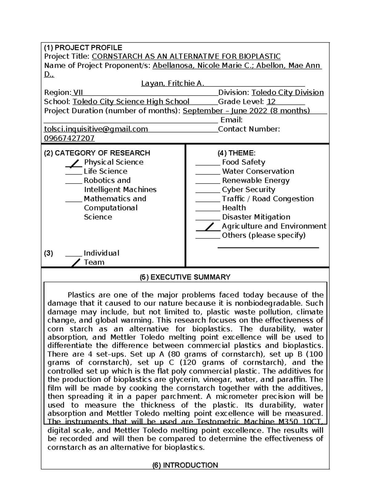 Tcshs Likha Physical Science Team SHS - (1) PROJECT PROFILE Project ...