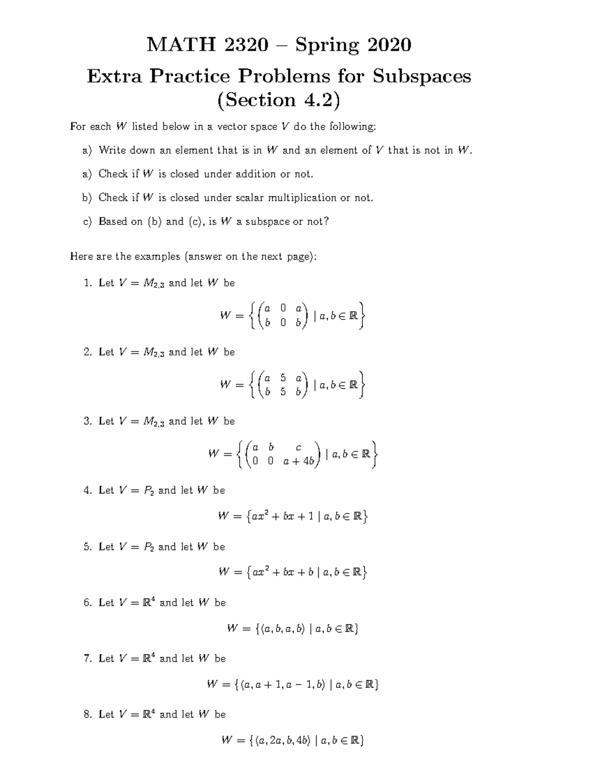 Sec4 - practice midterm - MATH 2320 – Spring 2020 Extra Practice Problems for Subspaces (Section ...