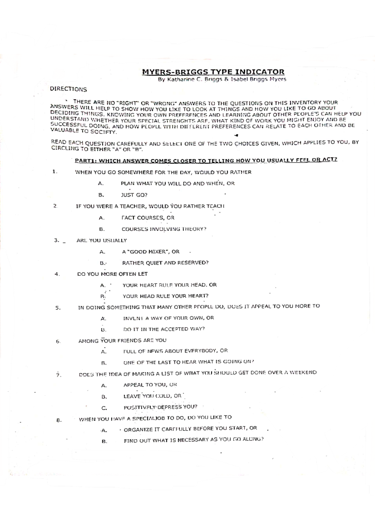 Questionnaire FOR MBTI - Clinical Psychology - Studocu