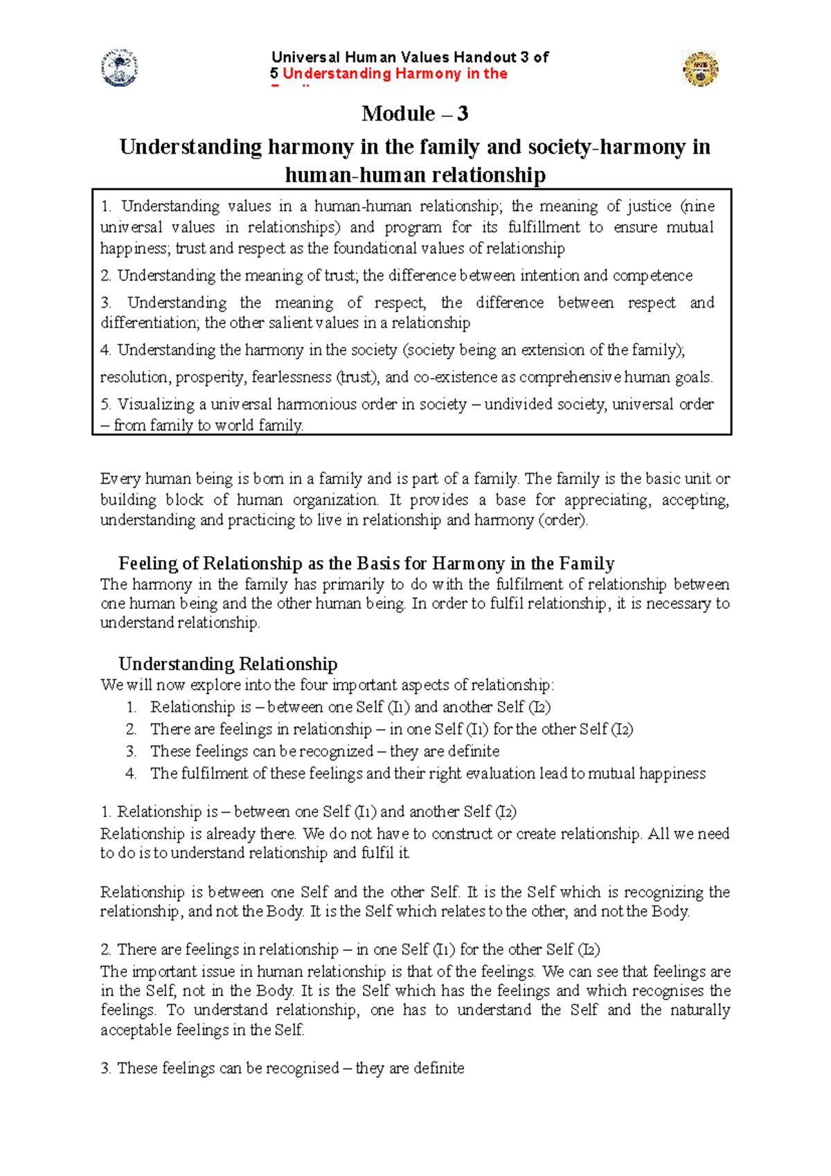 UHV Module - 3 notes - Module – 3 Understanding harmony in the family ...