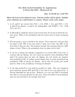 Probability HW 3 - Homework - MA 2621-AL02 Probability for Applications ...
