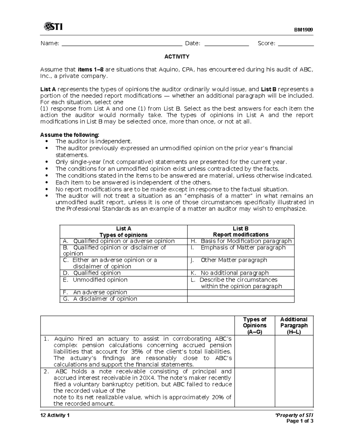 12 Activity 1 - BM 12 Activity 1 *Property of STI Page 1 of 3 Name ...