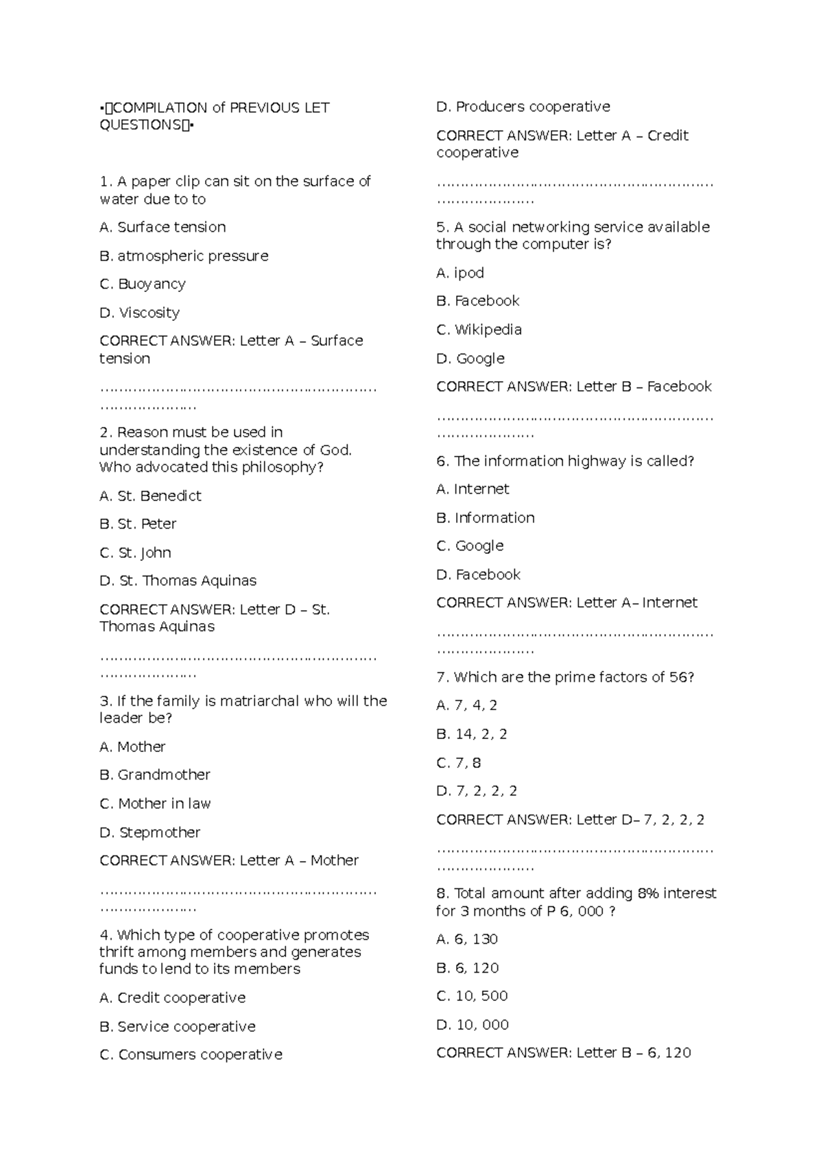 Compilation OF LET Questions - ️ COMPILATION of PREVIOUS LET QUESTIONS ...