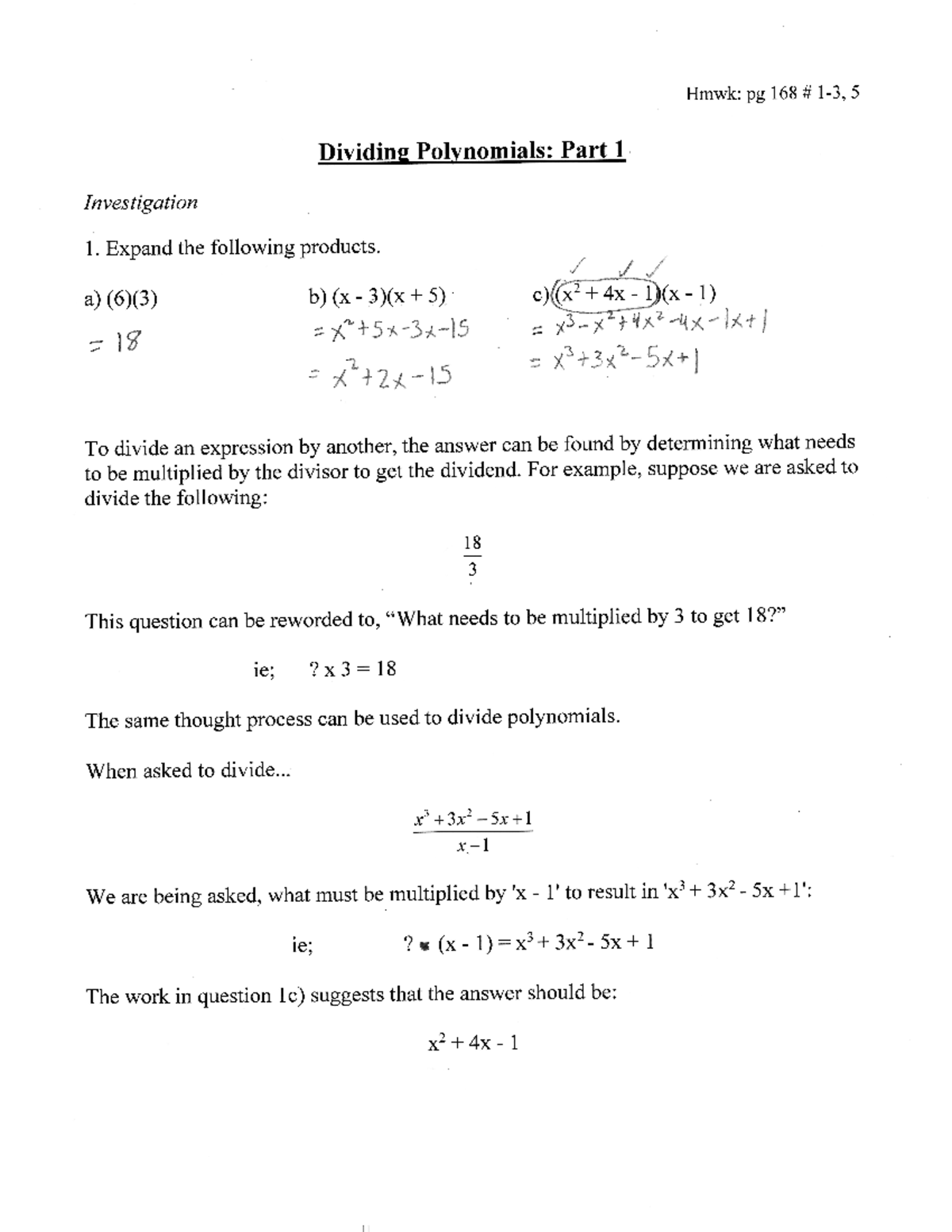 Mhf4u dividingpolynomialspart 1 soln - Math 125.3 - Studocu
