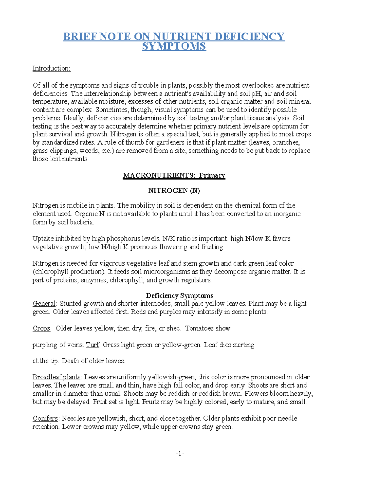 Brief NOTE ON Nutrient Deficiency Symptoms -1- BRIEF NOTE ON NUTRIENT ...