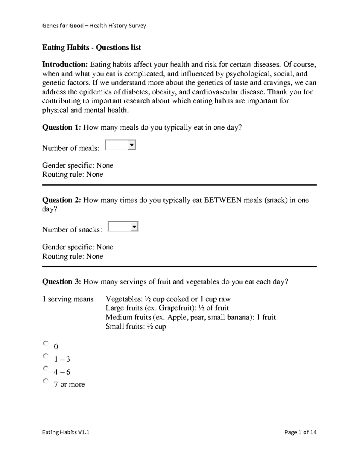 Eating Habits V1 - HOPE 4 LESSON PLAN - Eating Habits - Questions list ...