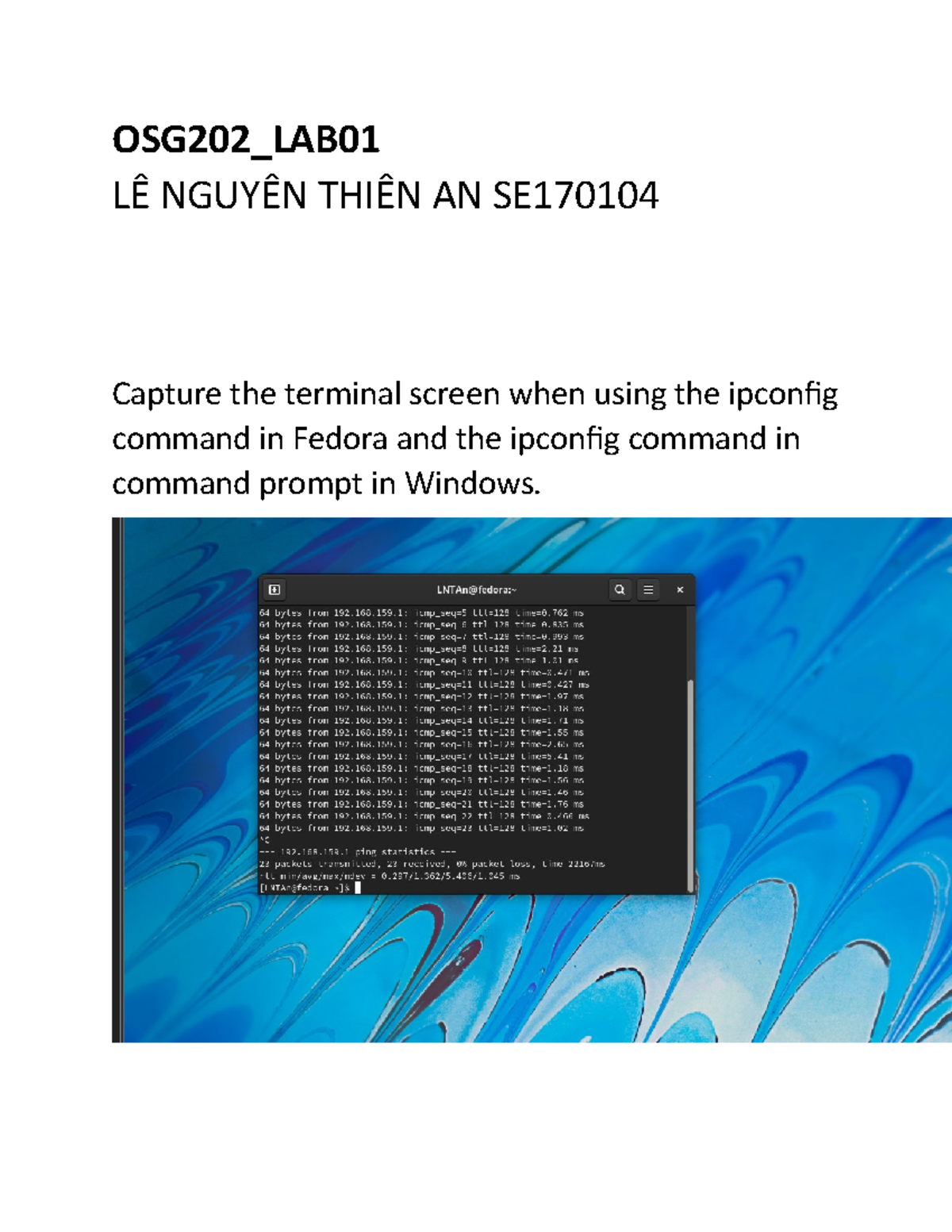 LAB1 LÊ Nguyên Thiên AN SE170104 - OSG202_LAB LÊ NGUYÊN THIÊN AN SE Capture the terminal screen ...
