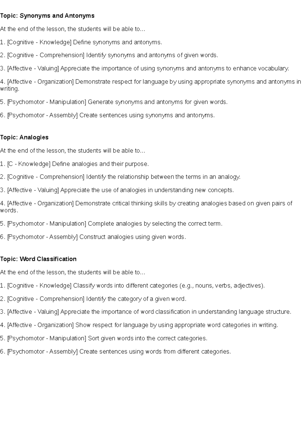 Lesson plan 2 - Topic: Synonyms and Antonyms At the end of the lesson ...