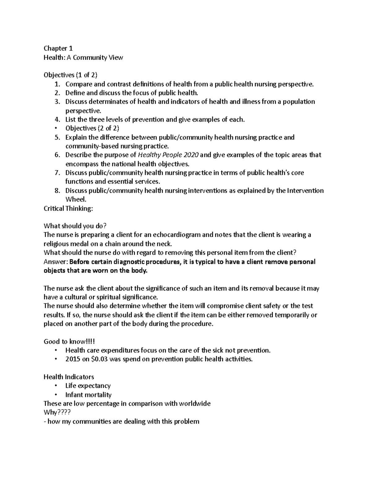 Week 1 outline - NOTES - Chapter 1 Health: A Community View Objectives ...