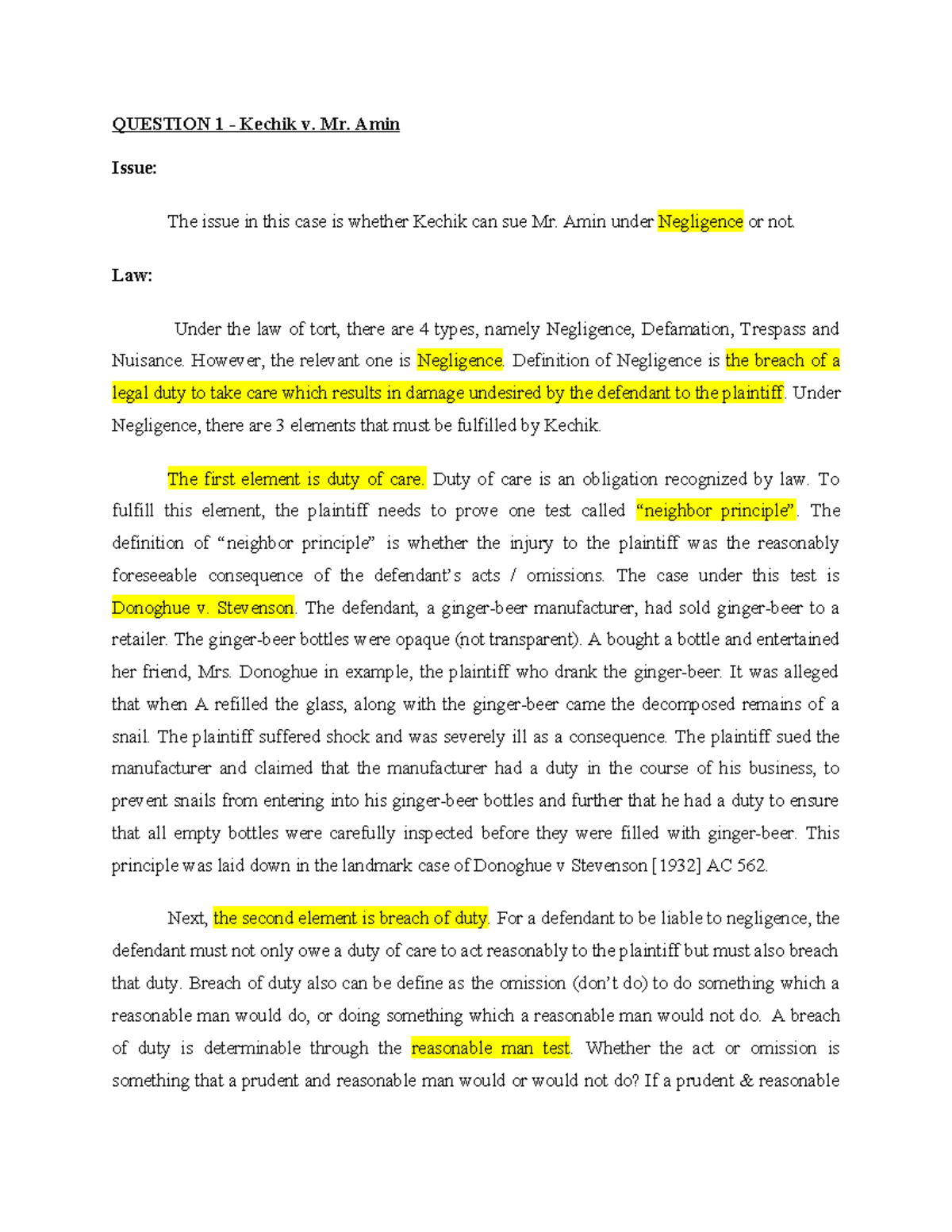 LAW Homework- Group 2 ( Kechik V MR. AMIN) - QUESTION 1 - Kechik v. Mr ...