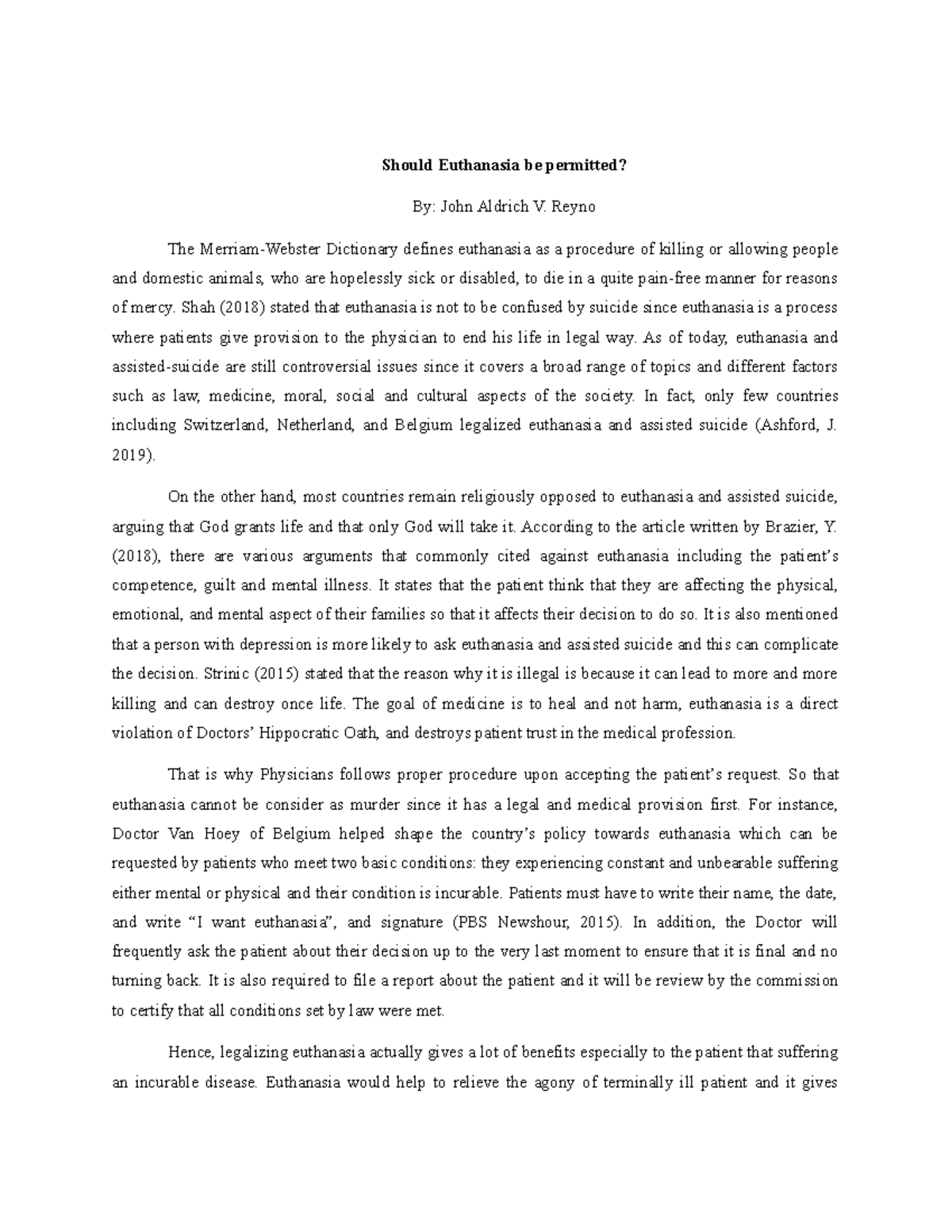 Position Paper, Reyno - Lecture - Should Euthanasia be permitted? By ...