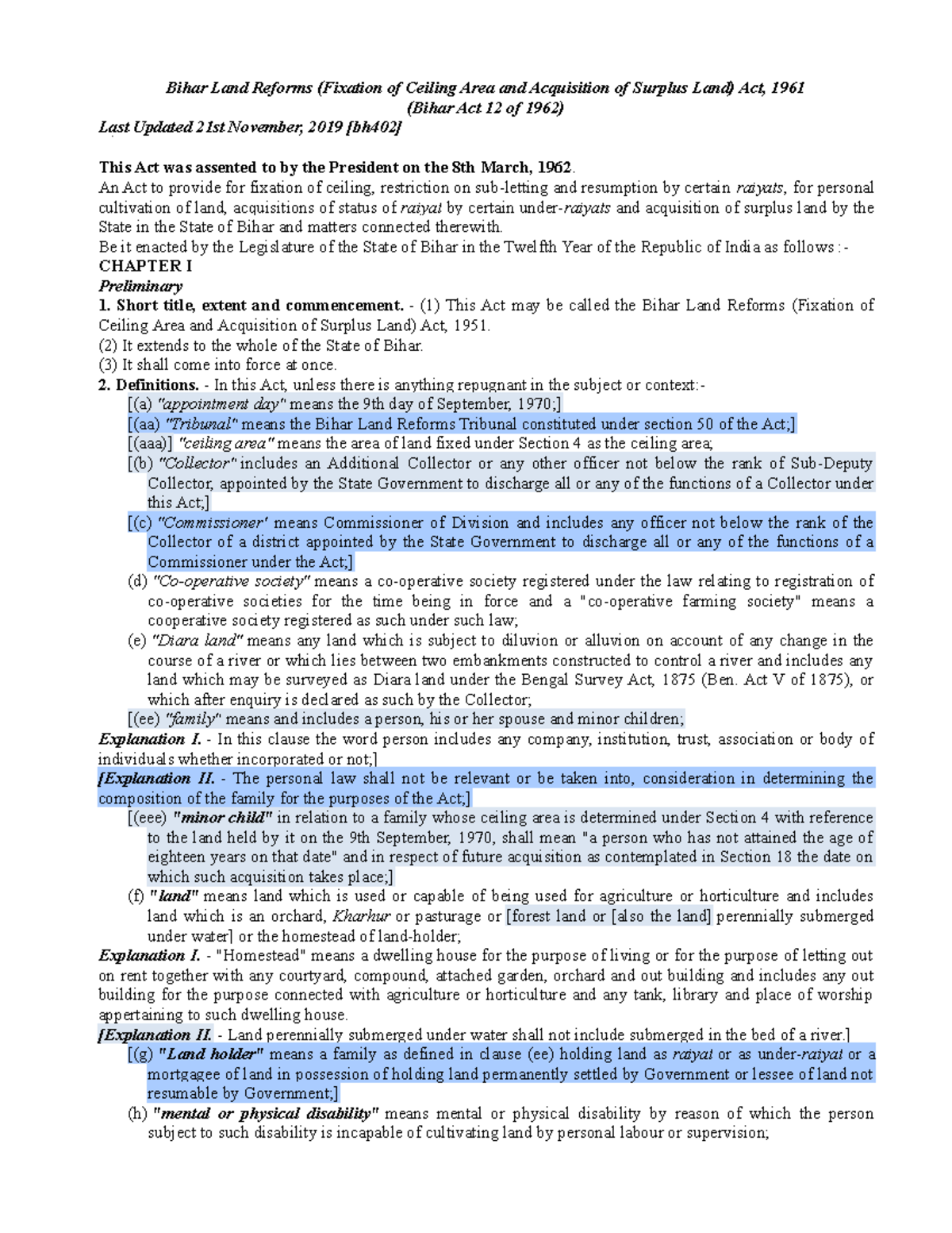 Bihar Land Reforms - An Act to provide for fixation of ceiling ...